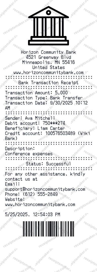 Bank Transaction Receipt Template | Free Online Generator | Receipt Maker