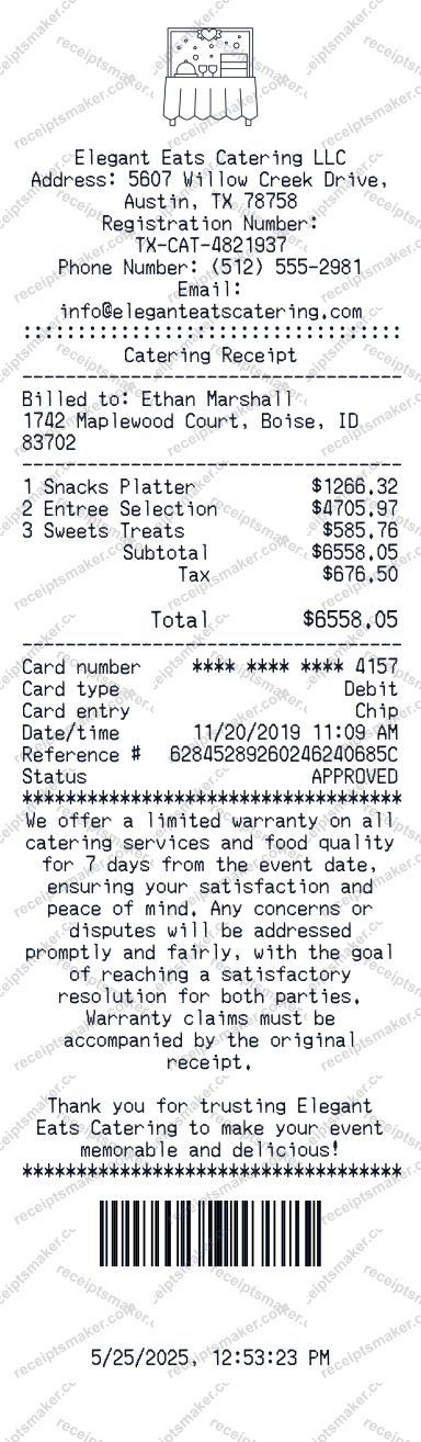 Catering Receipt Template | Free Online Generator | Receipt Maker