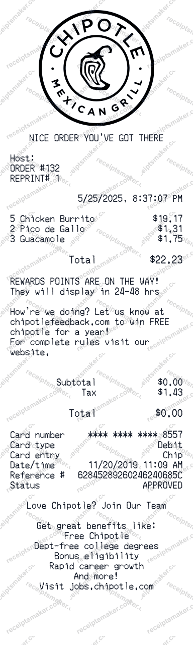 Chipotle Receipt Template | Free Online Receipt Generator | Receipt Maker