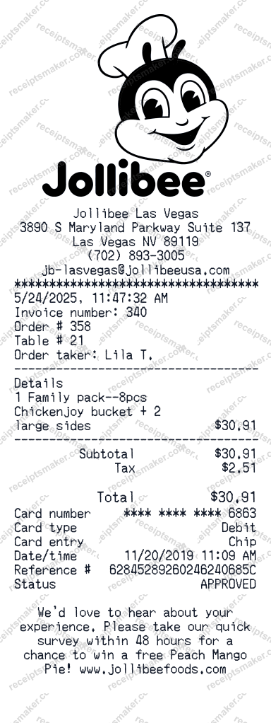 Jollibee Receipt Template | Free Online Receipt Generator | Receipt Maker