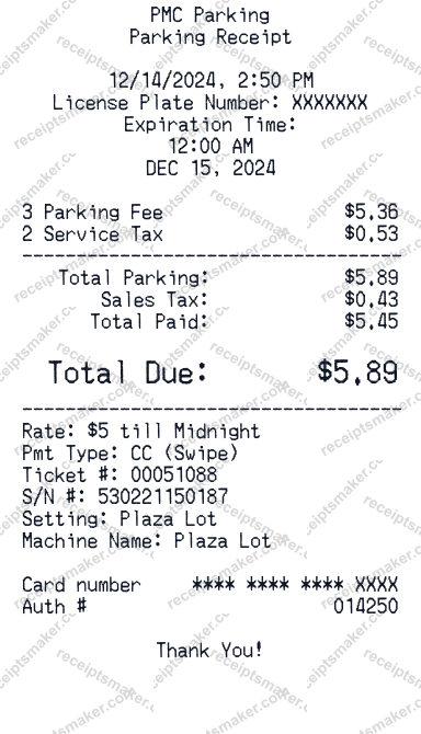 PMC Parking Receipt Template | Free Online Generator | Receipt Maker